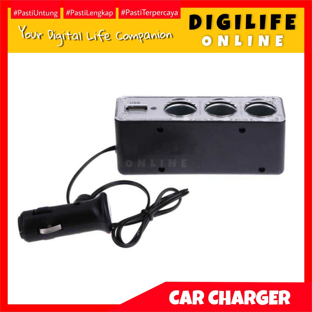 Jual Car Charger Triple Socket 12V/24V Car Lighter USB Power Colokan ...