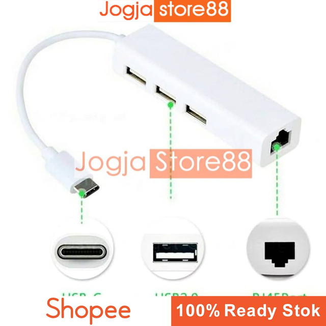 Jual USB Type-C Lan Adapter with 3 Port USB Hub - White | Shopee Indonesia
