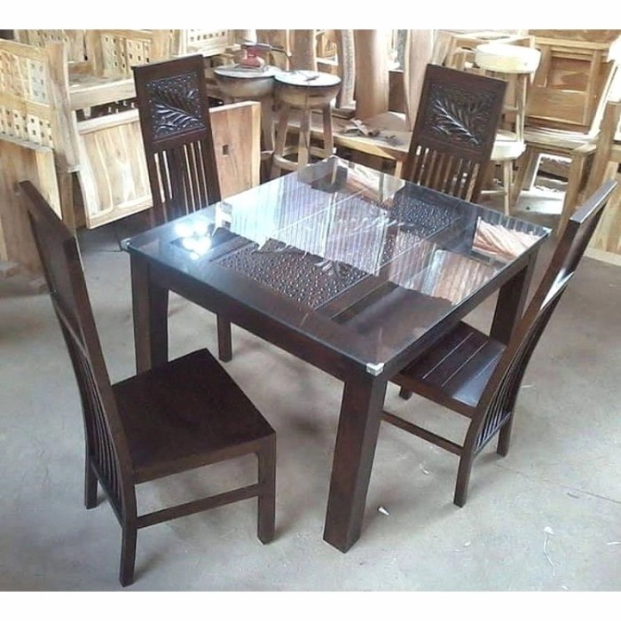 Jual Meja makan jati kursi 4 Jepara model minimalis plus kaca | Shopee Indonesia