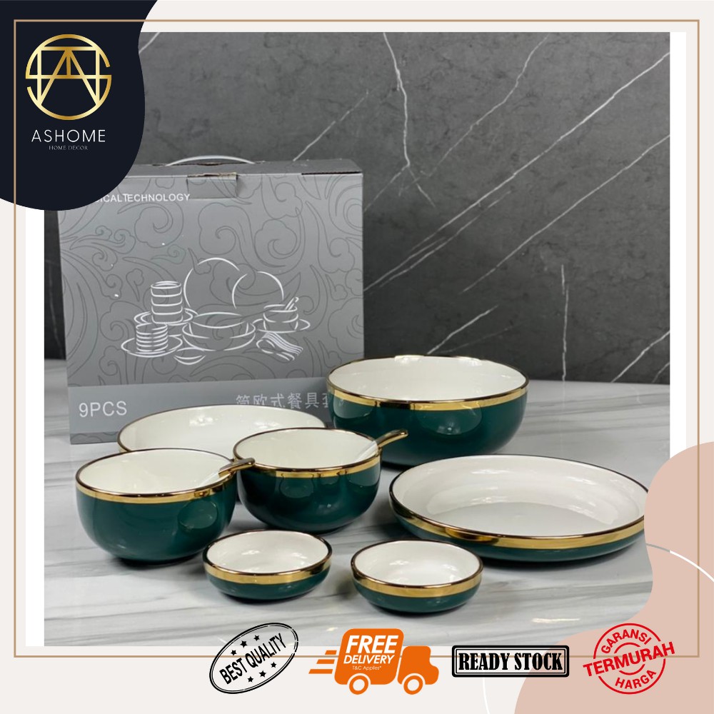 Jual ASHOME Piring Set 2 Orang Piring Makan Set Keramik Green White ...