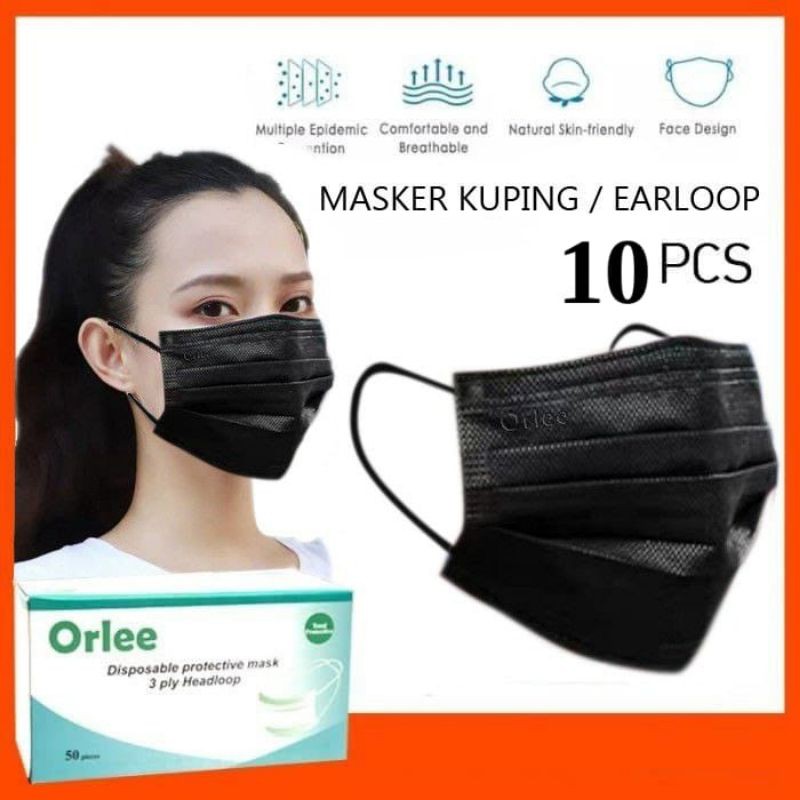 Jual 10pcs/pack Masker 3 ply Hitam Full Black Orlee Medis 3ply Earloop ...