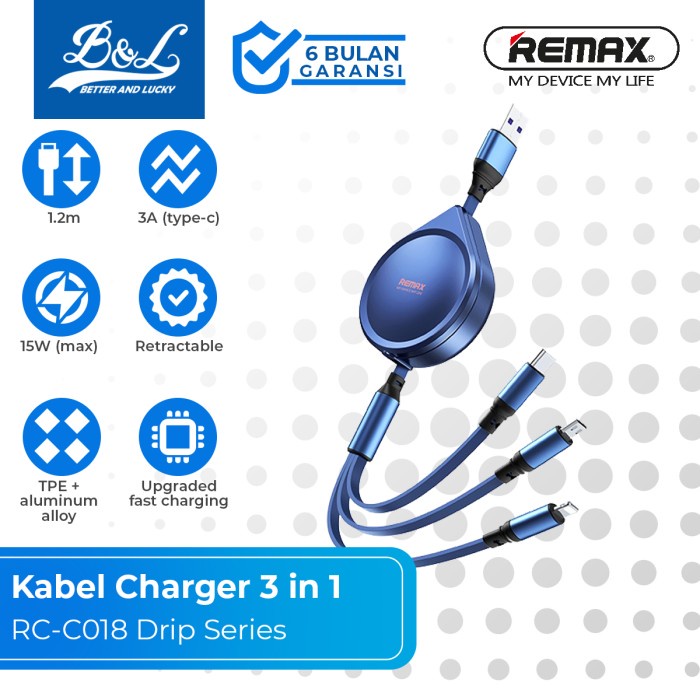 Jual REMAX RC-C018 Kabel Charger 3-in-1 3A USB to M+L+C 15W Retractable ...