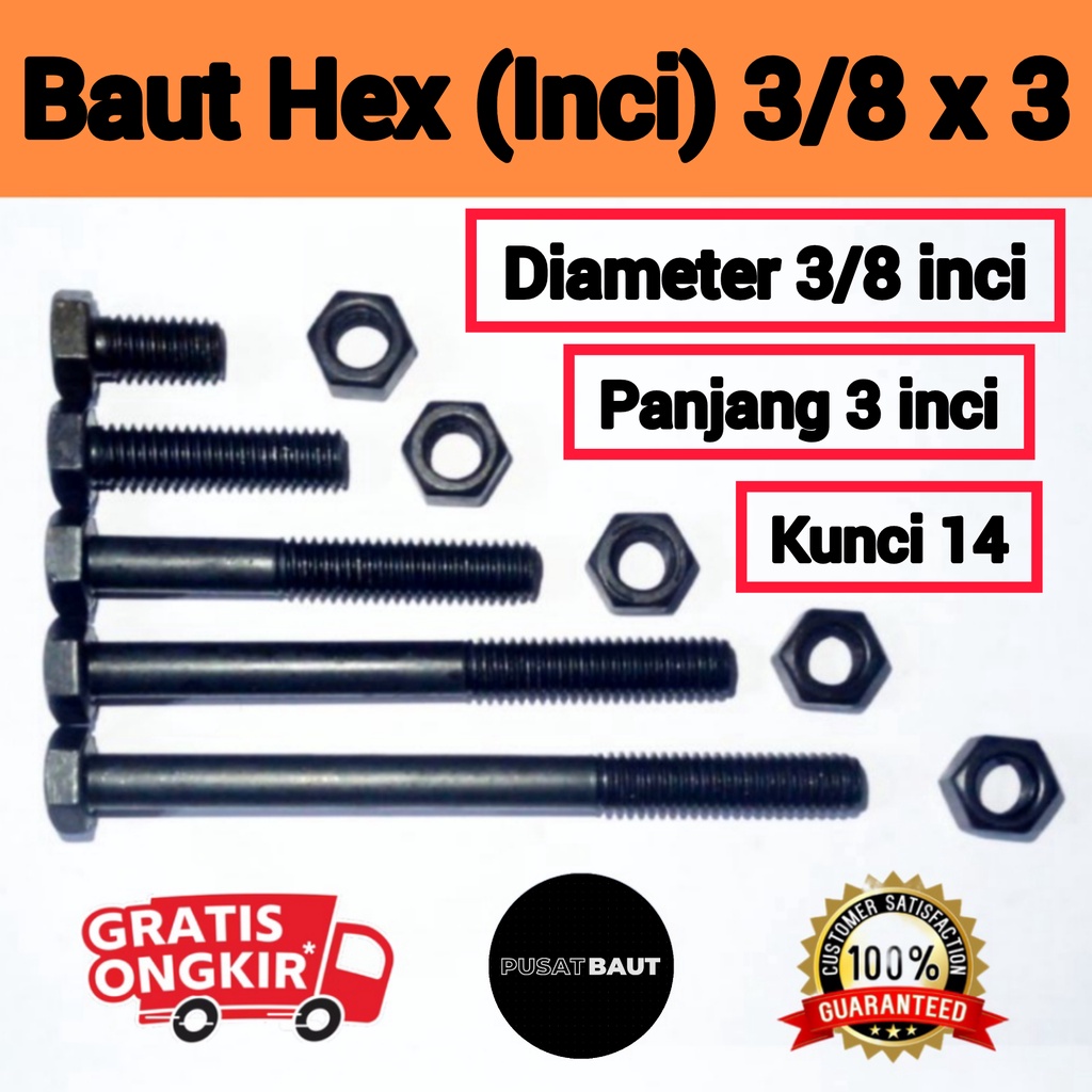 Jual [20 PCS] Baut Mur 3/8 x 3 Baut 14 Baut Kunci 14 Baut Inci Hex Besi ...