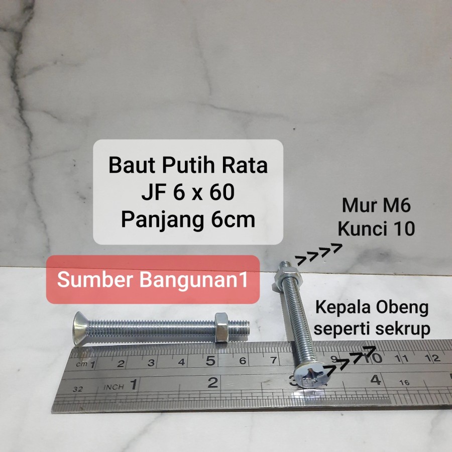 Jual Baut Putih JF 6 x 60 kepala rata obeng sekrup 6cm 6x60 mur M6 6mm ...