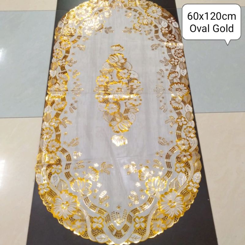 Jual TAPLAK 60X120CM OVAL EMAS GOLD MOTIF BUNGA TAPLAK MEJA TAMU VINYL ...