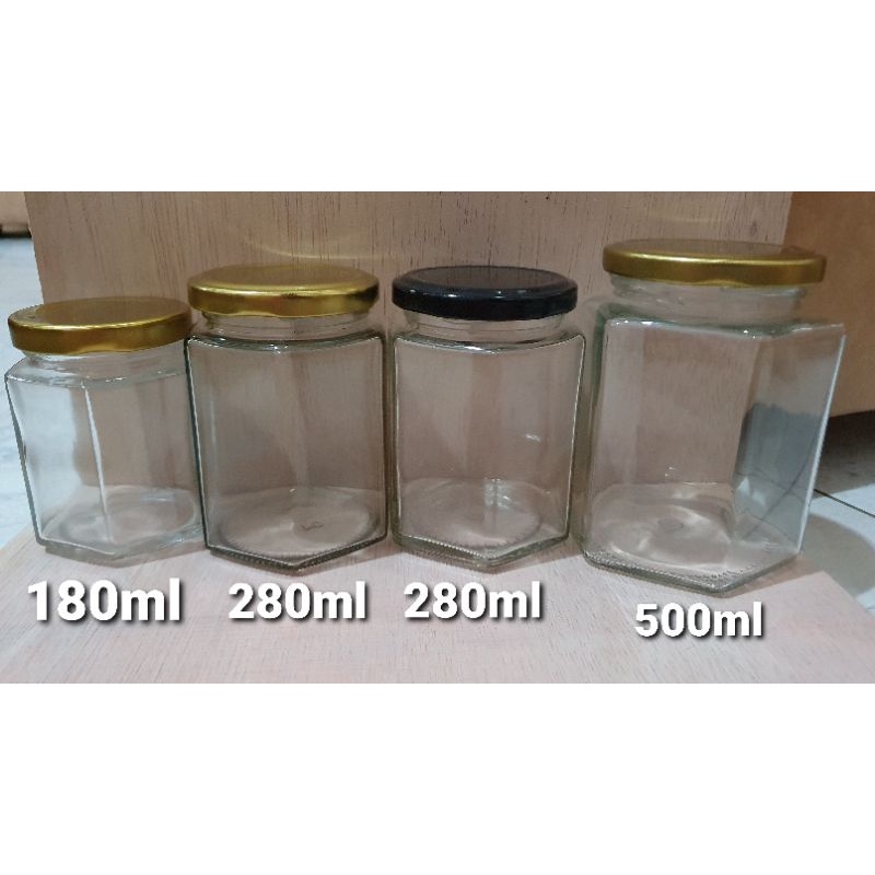 Jual Hexagonal Jar 180ml, 280ml, 500ml. Tersedia 2 warna tutup: emas ...