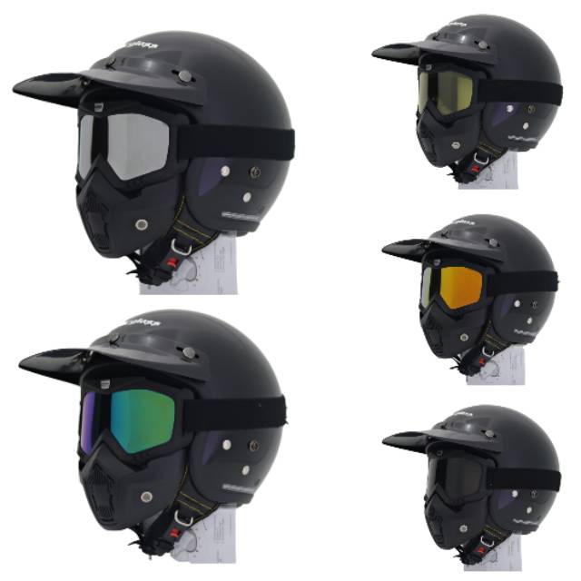 Jual Helm Cargloss Retro Hitam Black Glossy Google Mask Topi Panjang ...