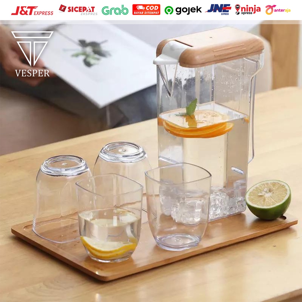 Jual pitcher botol minuman nordic style wooden lid cover free gelas ...
