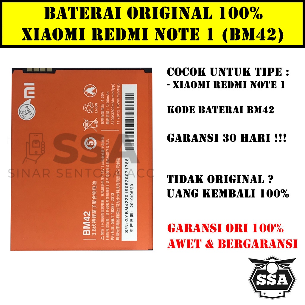 Jual Baterai Original 100% Xiaomi Redmi Note 1 BM42 BM 42 Batre Batrai ...