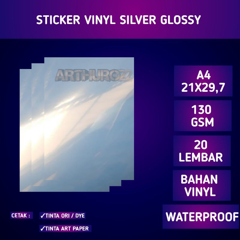 Jual KERTAS STICKER vinyl SILVER GLOSSY A4 isi 20 lembar tahan air ...