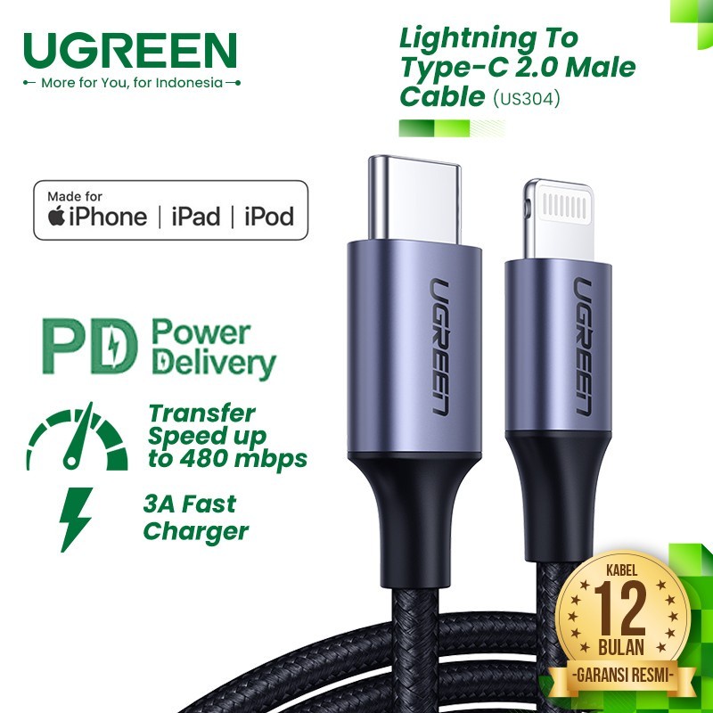 Jual KABEL Iphone UGREEN 60761 USB C to Lightning Cable NB 2m (BLACK) | Shopee Indonesia