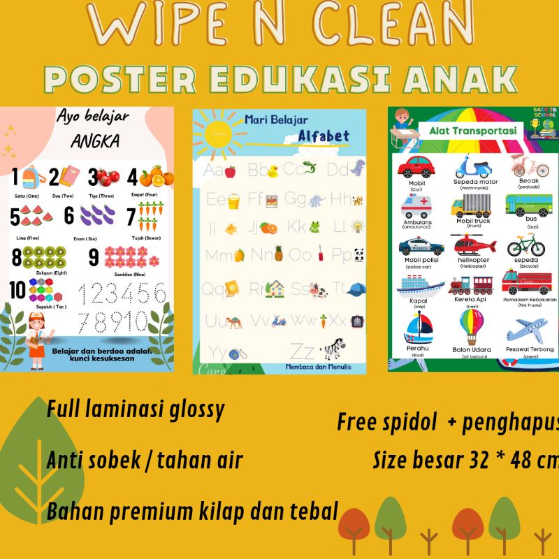 Jual Wipe Clean / Poster anak / poster edukasi anak / free spidol /anti air /poster anak premium ...