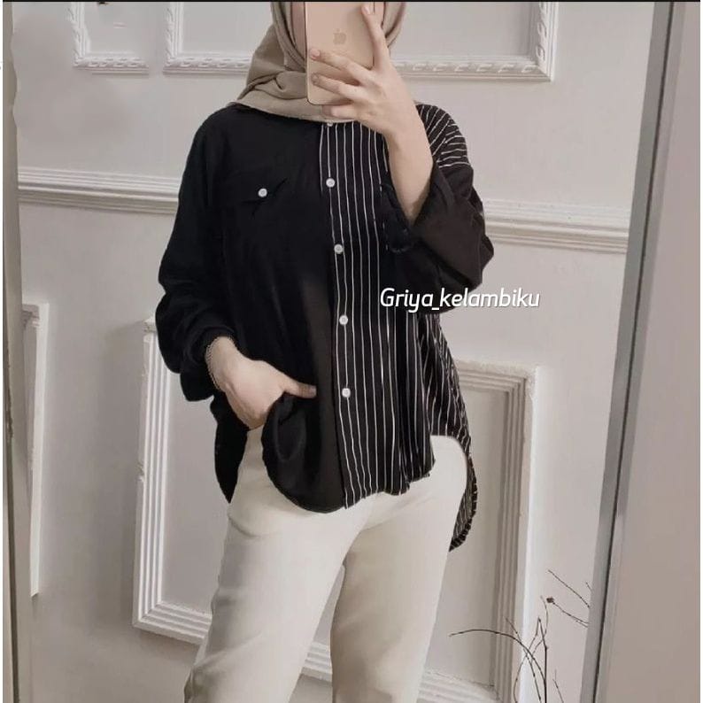 Jual Kemeja wanita lengan panjang motif stripe korean style kekinian ( Kemeja Combi Stripe ...