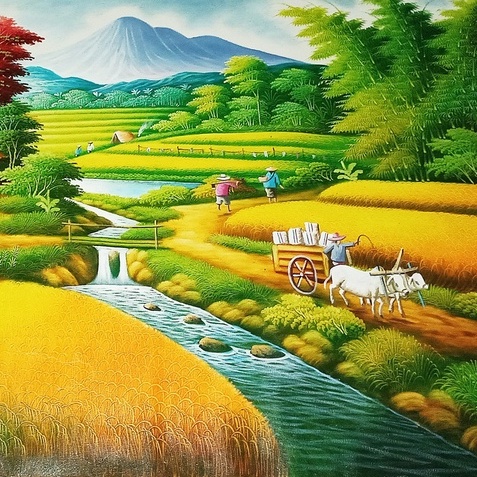 Jual Lukisan Panen Raya Dengan Gerobak Sapi Pedati dan Jembatan ...