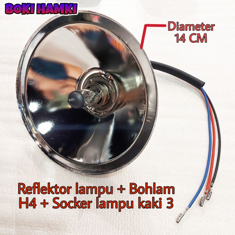 Jual Reflektor Lampu jeep diameter 14 cm + bohlam H4 + Socket lampu ...