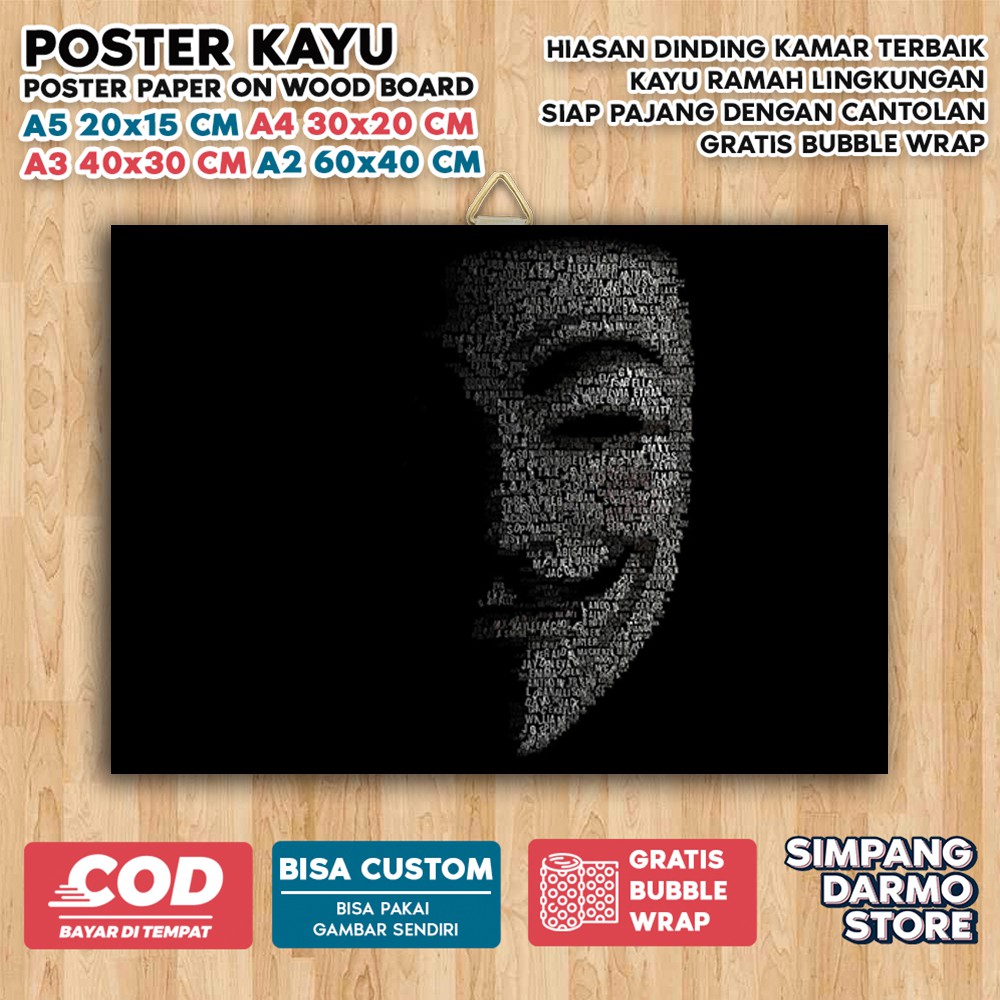 Jual Poster Kayu Dark Aesthetic Topeng Anonymous Hacker Vendeta Heker ...