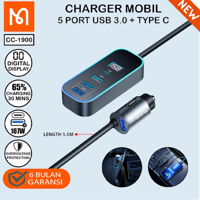 Jual Mcdodo Cc-1900 Adaptor Car Charger Mobil Digital 5 Port Usb + Type C Fast Charging 107W ...