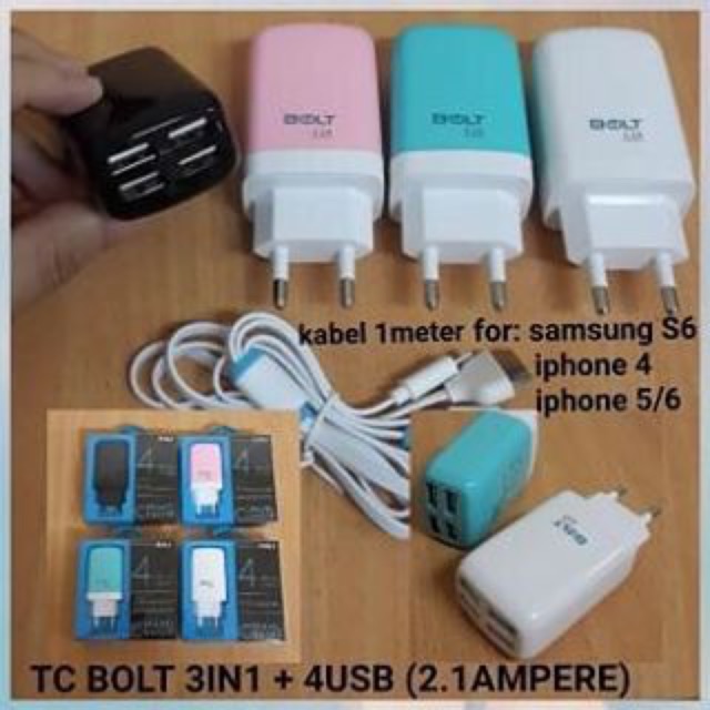 Jual CHARGER BOLT 3IN1+4USB (2.1AMPERE) | Shopee Indonesia