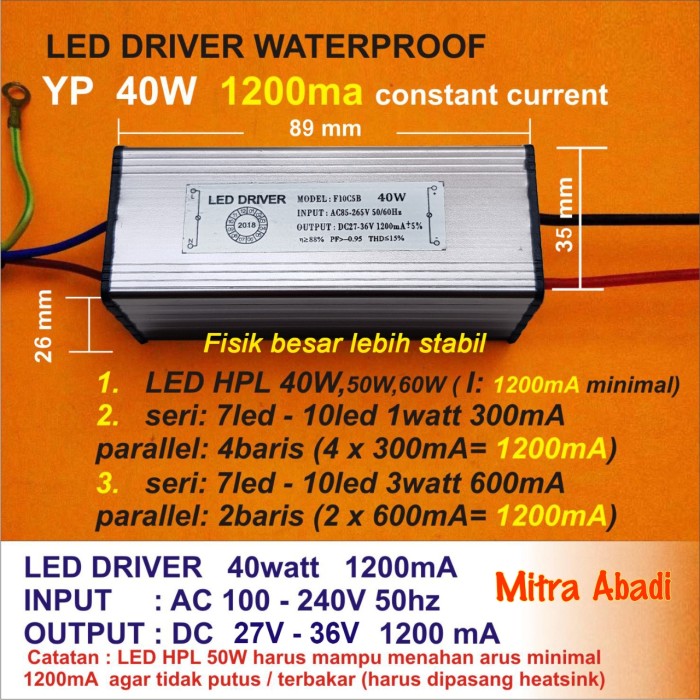 Jual LED Driver 50 Watt 1200 mA Casing Besi WATERPROOF Termurah ...