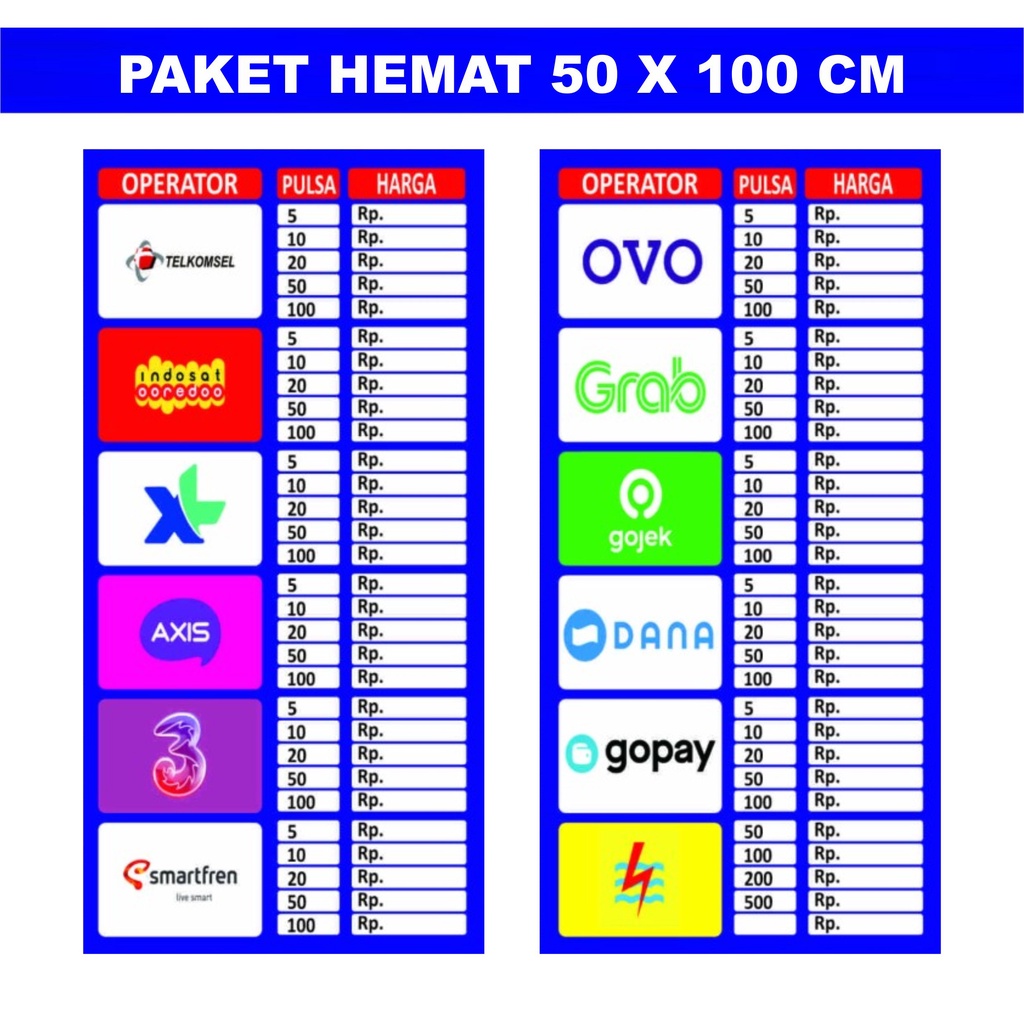 Jual Cetak Banner Tabel Harga Konter - Ukuran 50x100 Cm 2 PCS | Shopee Indonesia