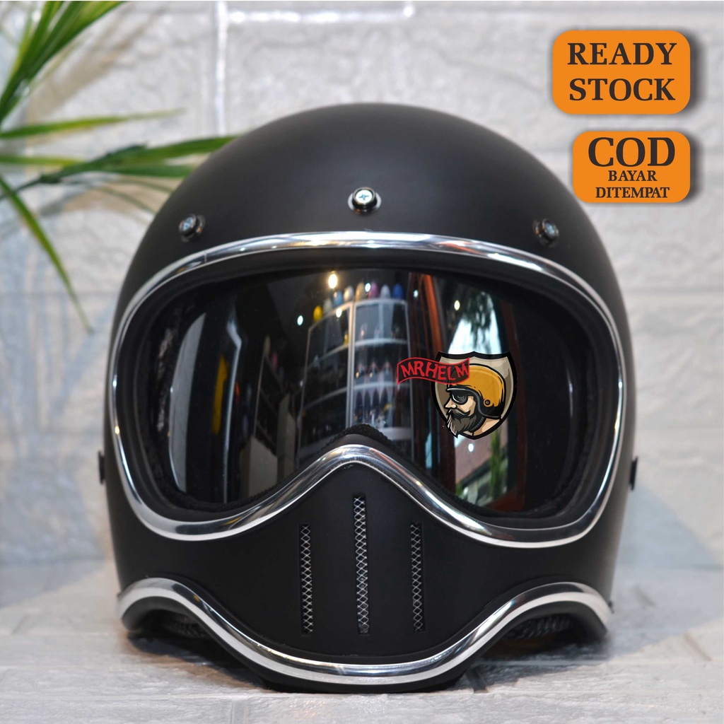 Jual HELM CUSTOM RETRO M50 LIST CHROME WITH INNER VISOR ( MR HELM ...