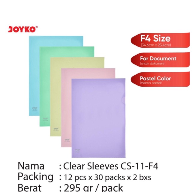 Jual Clear Sleeve / Map L ukuran Folio F4 warna Pastel Joyko | Shopee ...