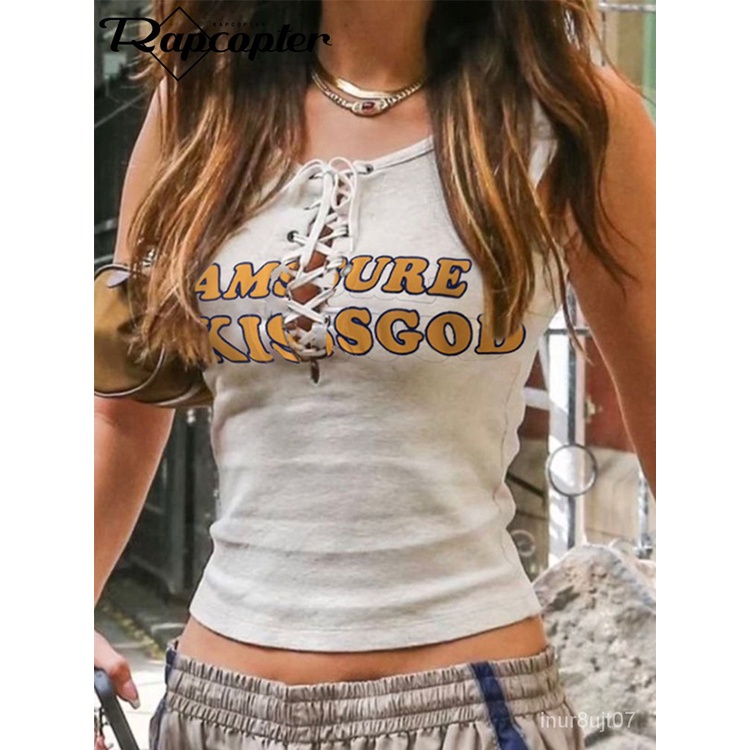Jual Rapcopter Printed Cute Crop Top Y2k Knitted Lace Up Sleeveless