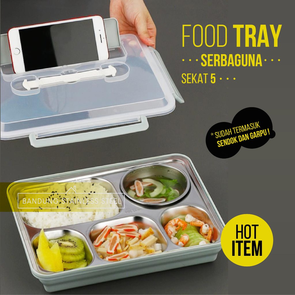 Jual sus 304 kotak makan stainless tutup plastik food tray 5 sekat ...