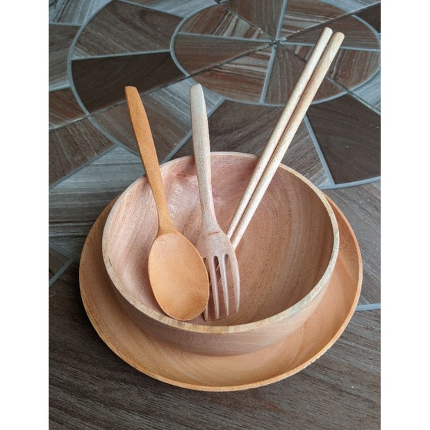 Jual Piring mangkuk sendok garpu dan sumpit 1 set | Piring kayu | Alat ...