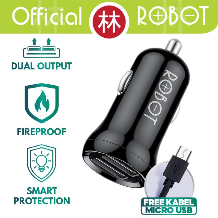 Jual Robot RT-C07 Car Charger Dual Output 2.4A With Data Cable Micro ...