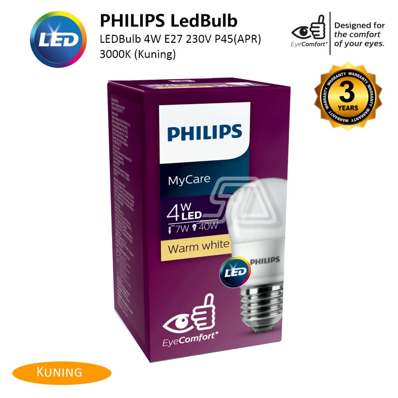 Jual Lampu Philips LEDBulb 4W E27 230V P45 MyCare Kuning 3000K | Shopee ...