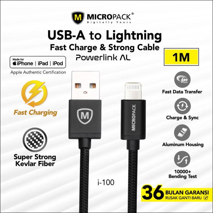 Jual MICROPACK LIGHTNING TO USB CABLE MFI 2,4AH 1METER I-100 - EMAS ...
