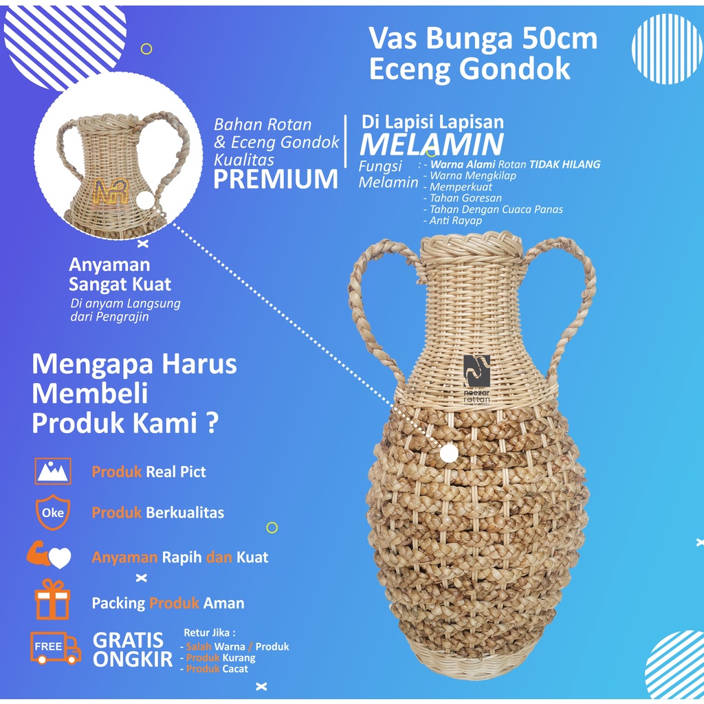 Jual Vas Pot Guci Tempat Bunga dari Eceng Gondok 50cm Dekorasi Ruangan ...