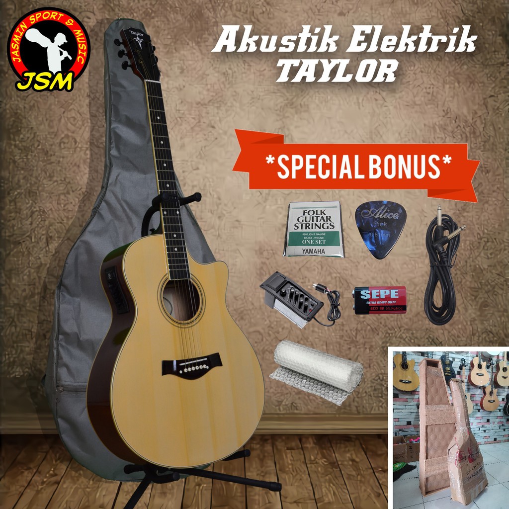 Jual Promo Gitar Akustik Elektrik Merk TAYLOR Warna Natural | Shopee Indonesia