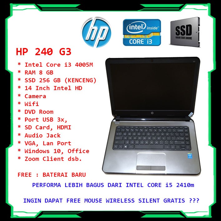 Jual LAPTOP HP 240 G3 INTEL CORE I3 GEN 4 SSD 256GB RAM 8GB KENCENGG ...