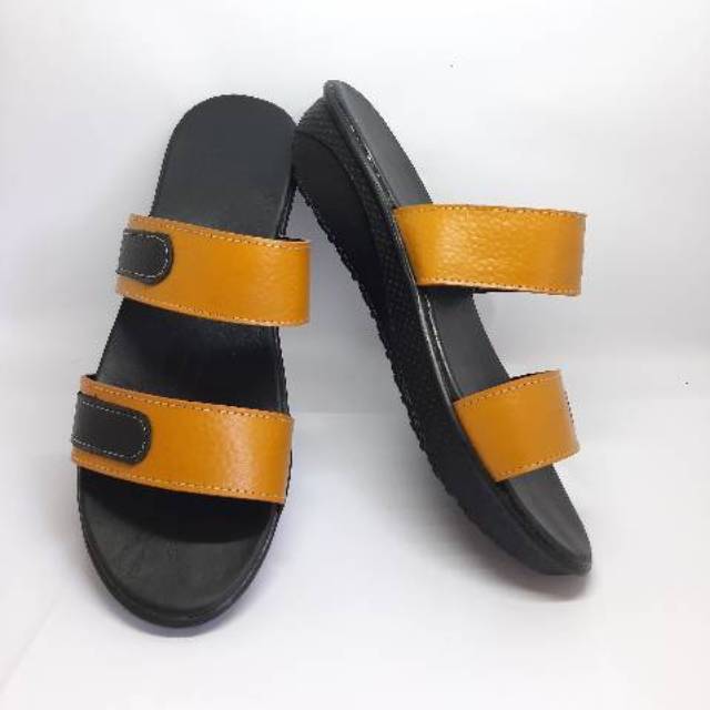 Jual Sendal wanita kulit asli model palang dua strip 3 cm sol hitam ...