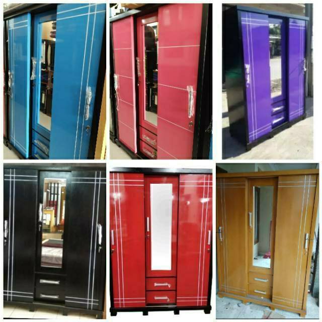 Jual kastilfurniturw lemari pakaian kayu 3 pintu sliding kaca lemari ...