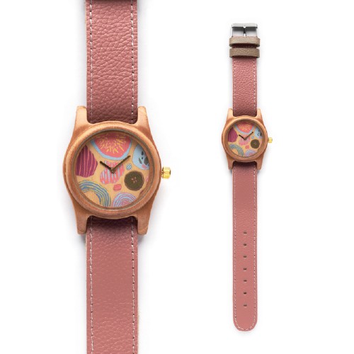 Jual Woodka Mini Loca Au Naturelle Jati & Pink Mix Leather Strap | Jam ...