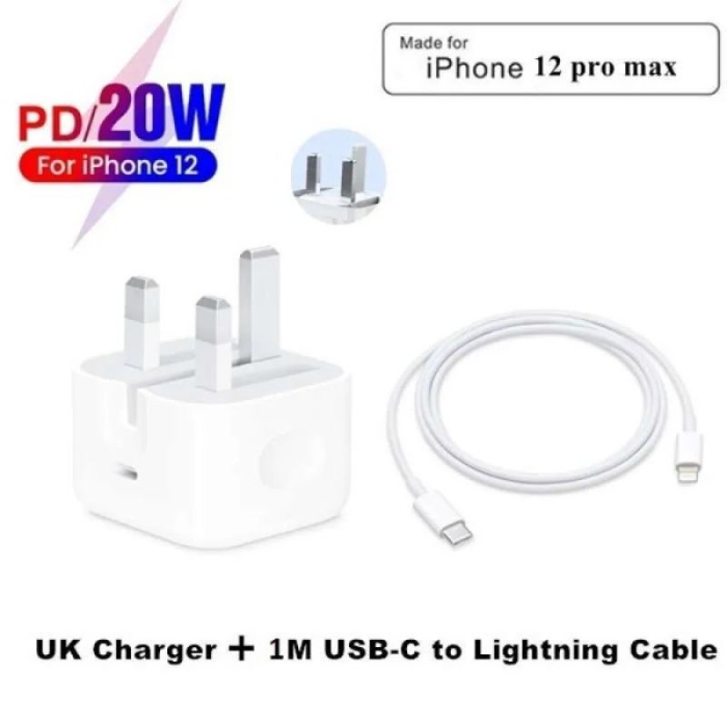 Jual Charger Iphone 12 Pro Max 20W Fast Charging Plug UK USB C + Cable ...