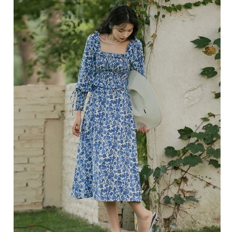 Jual Blue flower longhand u neck premium dress - Bikinibandit | Shopee ...