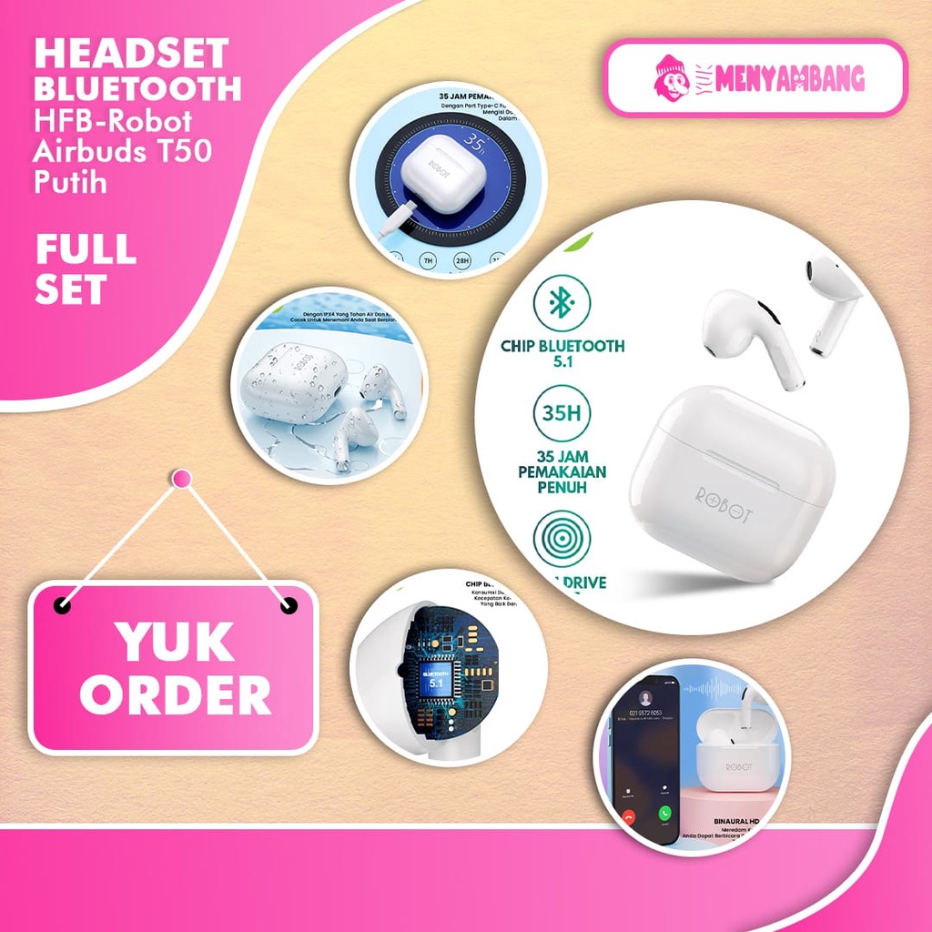 Jual 42178 | HFB-Robot Airbuds T50 Putih | Robot Airbuds T50 White ...