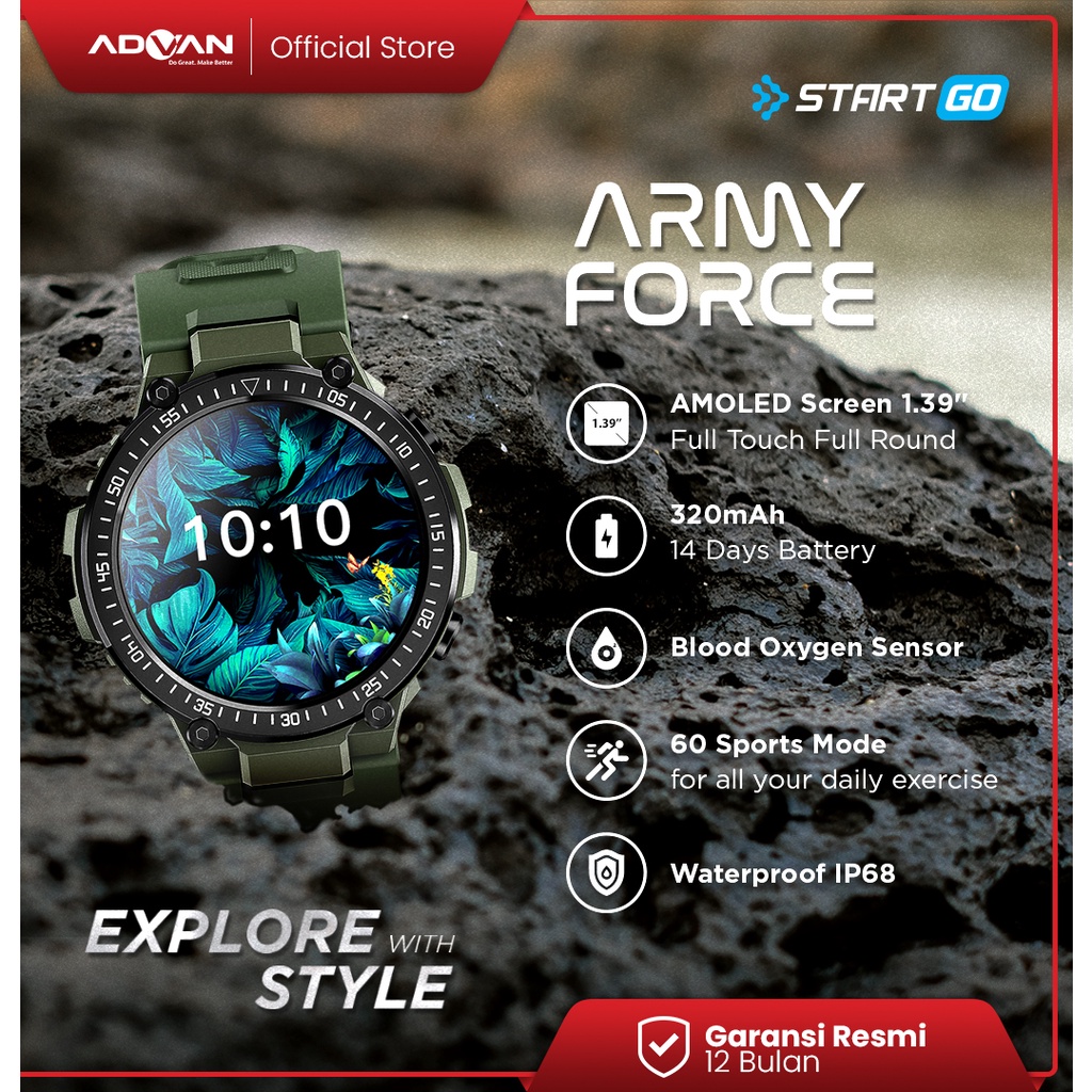 Jual Advan StartGo Army Force Smartwatch 1.39" AMOLED | Bluetooth Call ...