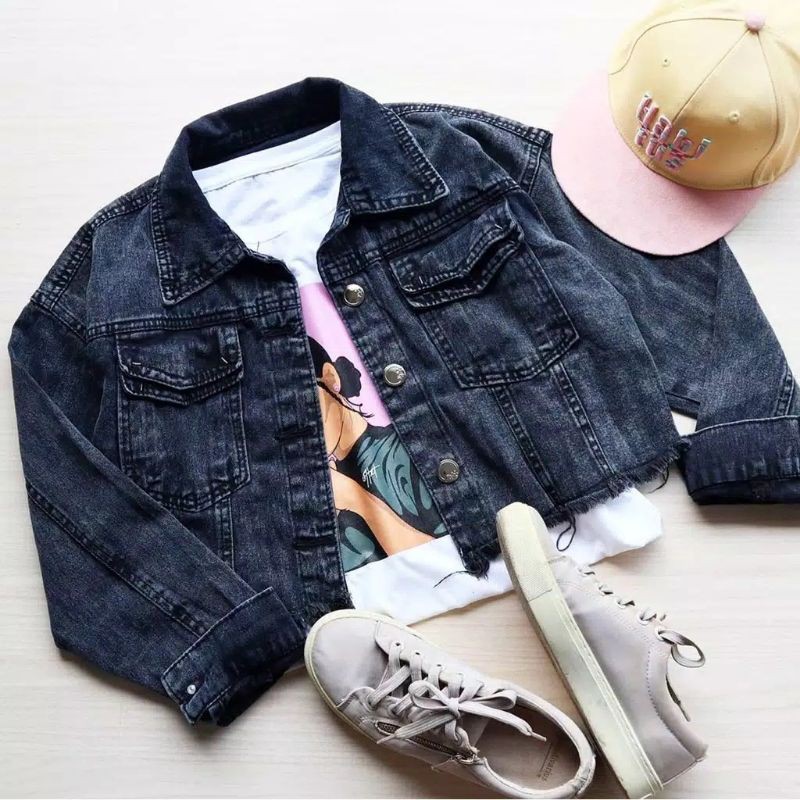 Jual JAKET JEANS CROPY BLACK SNOW (DEWASA) | Shopee Indonesia