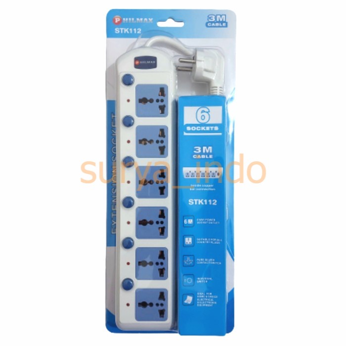 Jual STOPKONTAK UNIVERSAL EXTENSION SOCKET 6 LUBANG+KABEL 3M PHILMAX ...