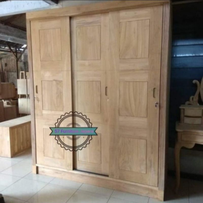 Jual Lemari pakaian pintu 3 sliding kayu jati mentahan jepara | Shopee Indonesia