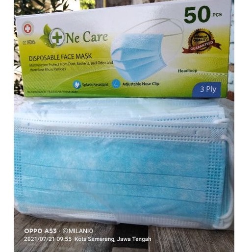 Jual Masker Ne Care Earloop biru 3 ply 50 pc disposable mask no medis ...