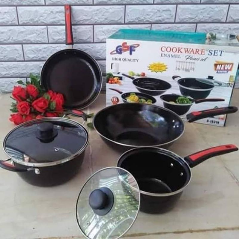 Jual panci set GSF 1831 enamel tutup kaca anti lengket cookware set gsf ...