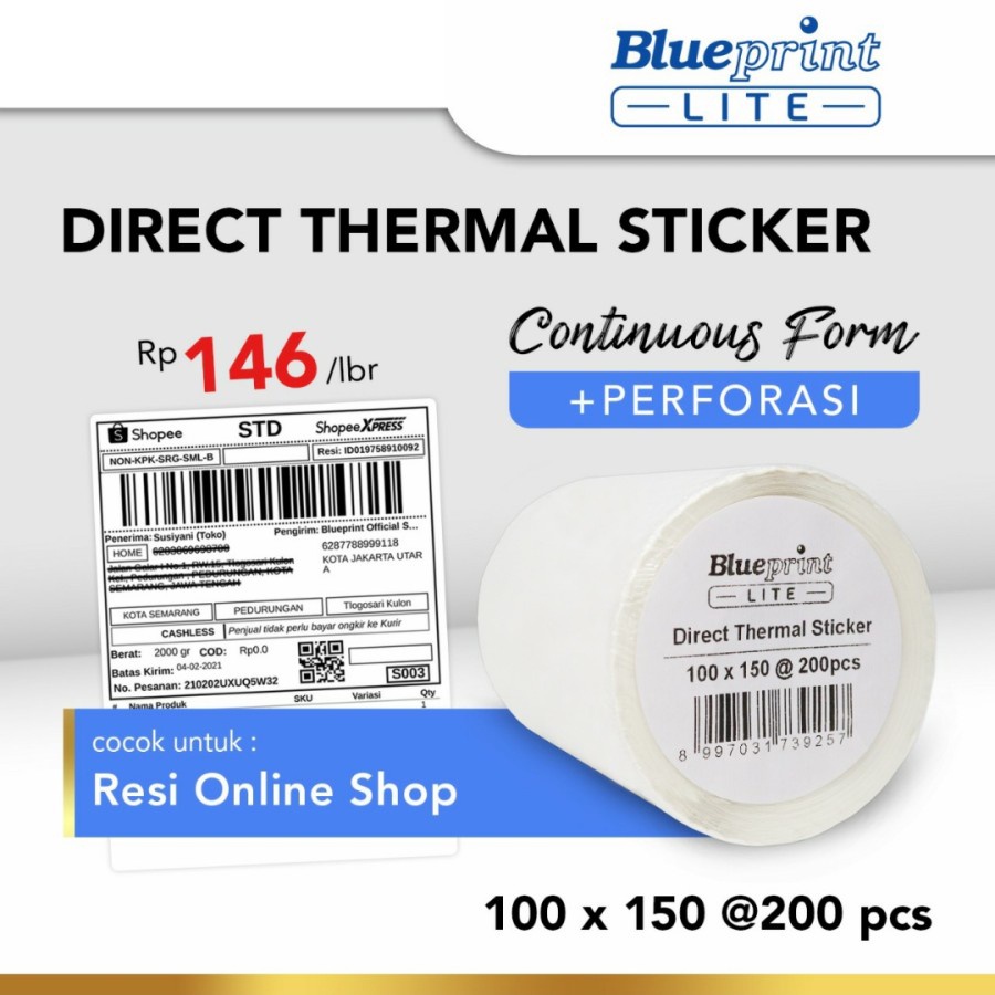 Jual DIRECT THERMAL / STICKER LABEL / RESI BLUEPRINT 100x150mm ( 200Pcs ) | Shopee Indonesia