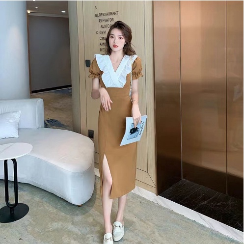 Jual V Neck Midi Dress in Mustard - Dress Import Impor / Korean Dress ...
