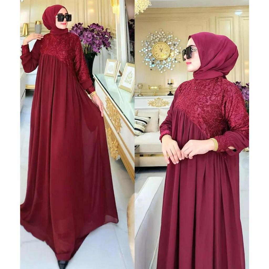 Jual SABIRA MAXI LONG DRESS Gamis Brokat Terbaru Gaun Pesta Muslimah Bahan Seruti Brukat Burkat ...